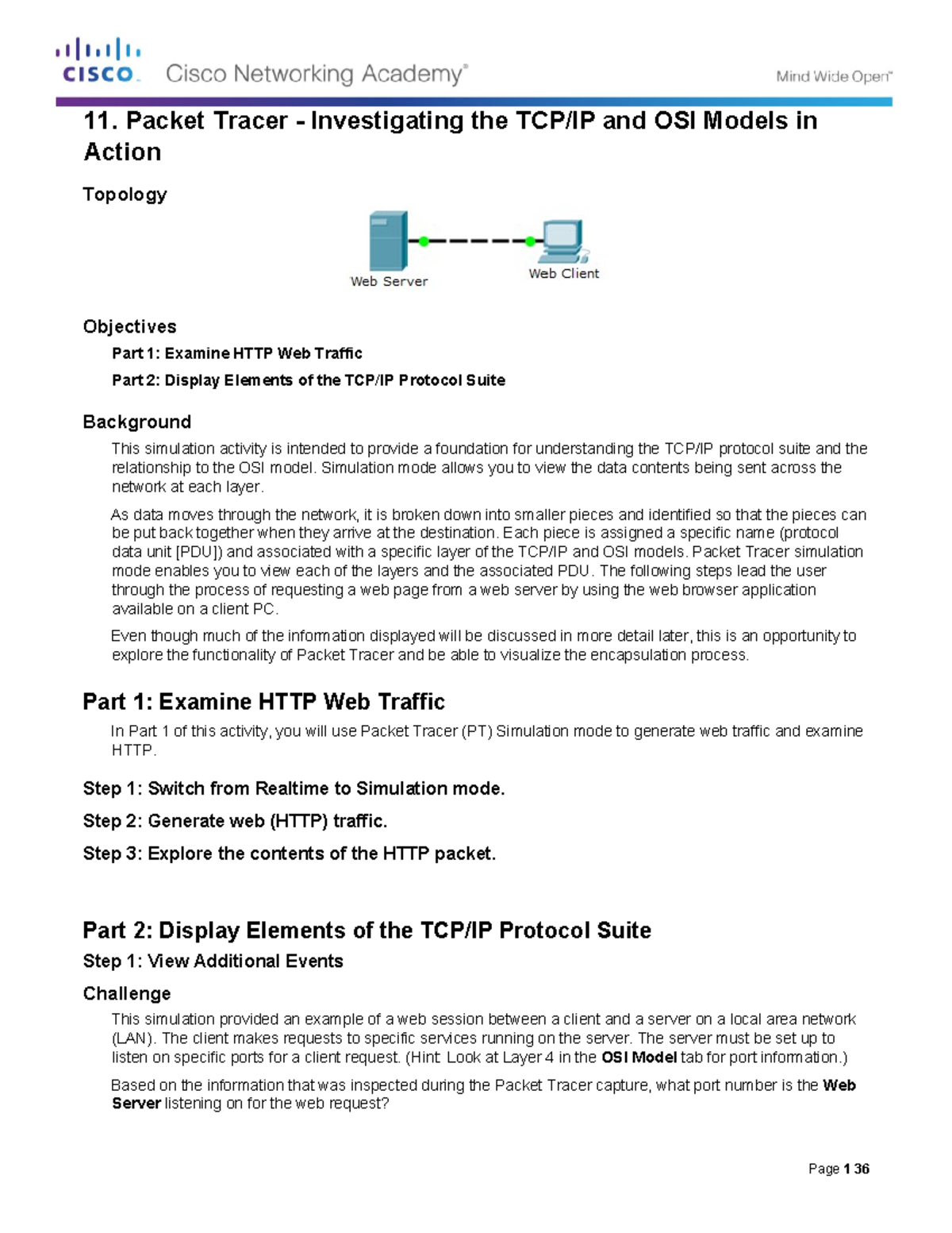 Mar document Assignment - Page 1 36 11. Packet Tracer - Investigating the TCP/IP and OSI Models ...