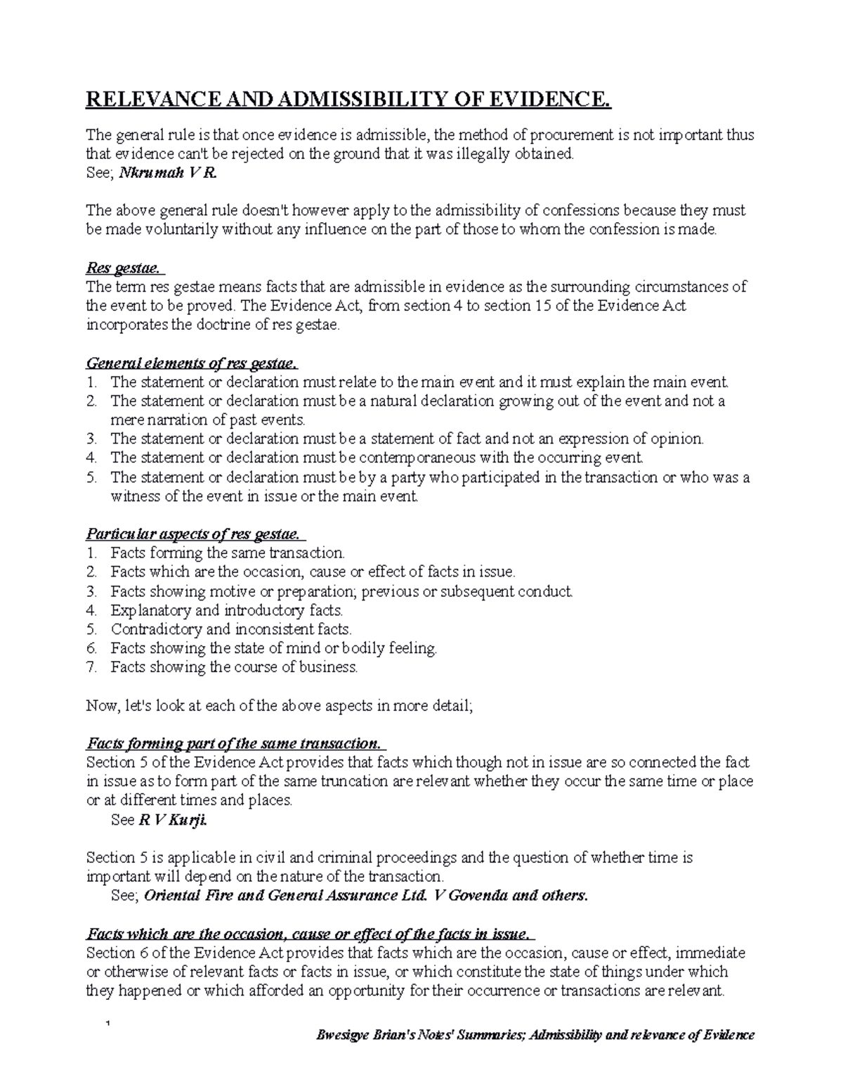 Admissibilty and Relevance of Evidence Notes - RELEVANCE AND ...