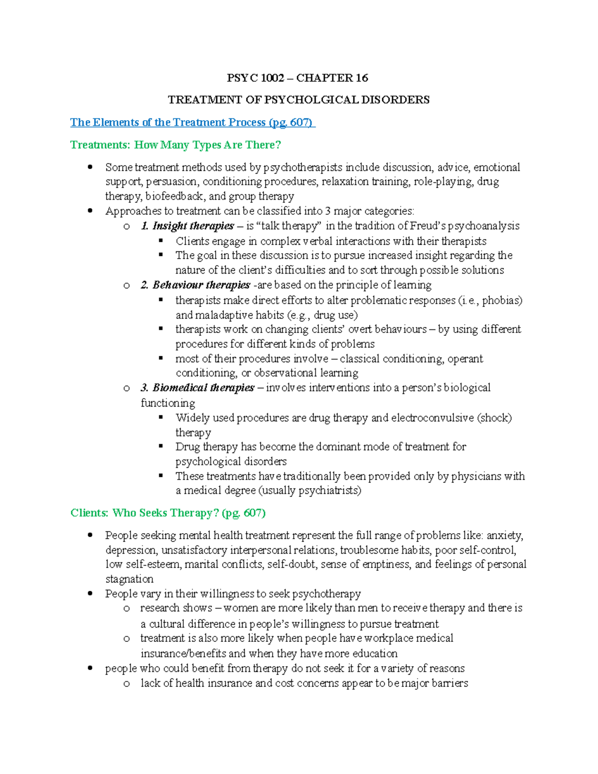 Intro to psych ch. 16 notes - PSYC 1002 – CHAPTER 16 TREATMENT OF ...