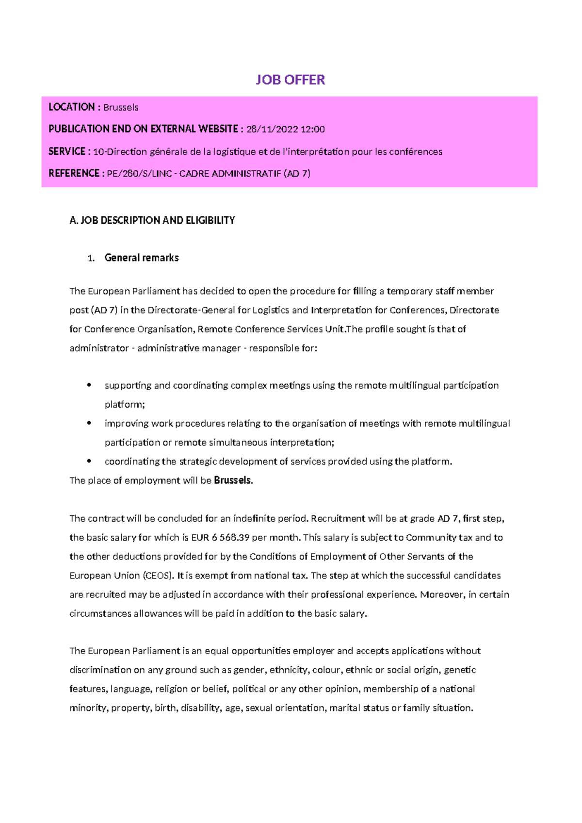 Job Offer - how to write about the job - JOB OFFER A. JOB DESCRIPTION ...