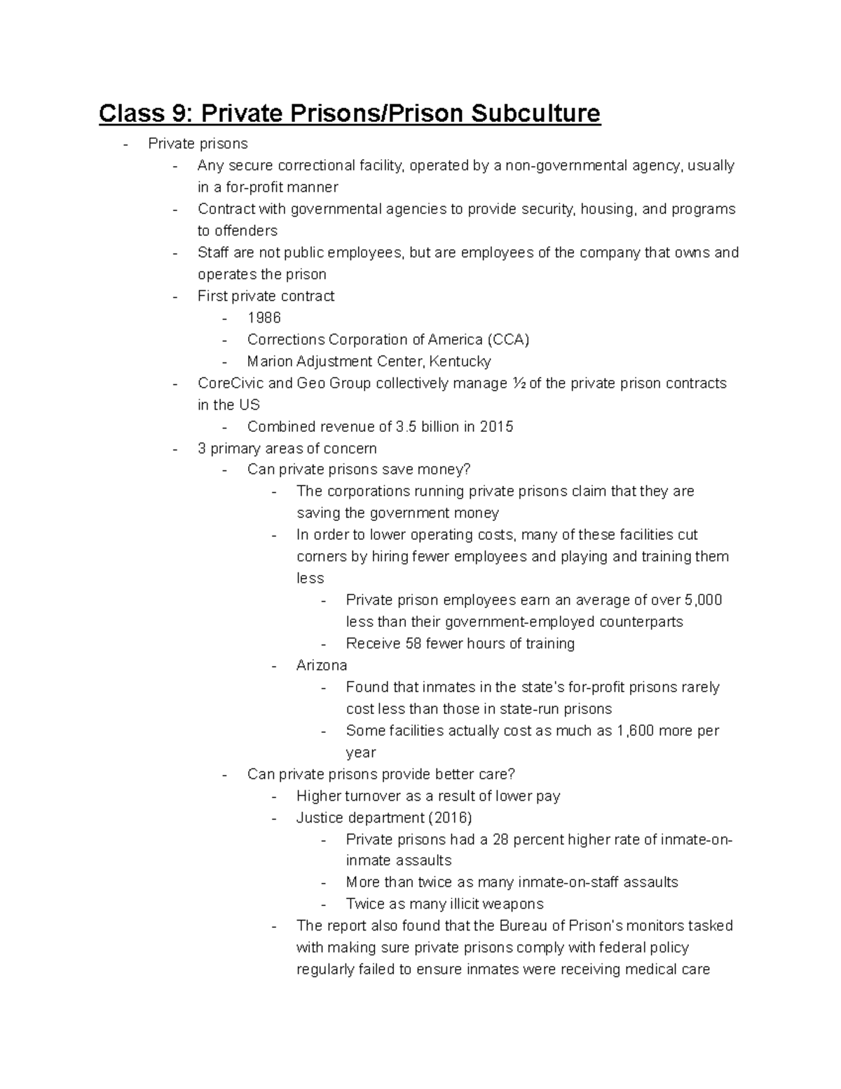 Class 9 Private Prisons Prison Subculture - Class 9: Private Prisons ...