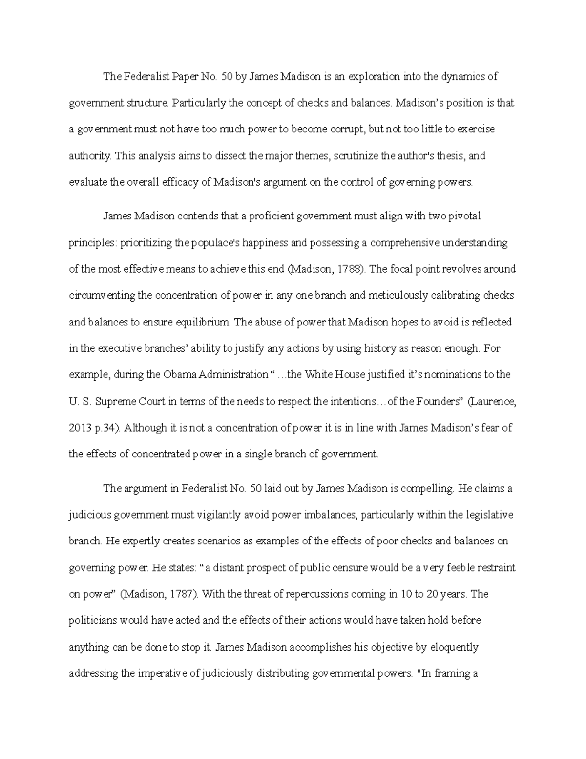 The Federalist Paper No - 50 by James Madison is an exploration into ...