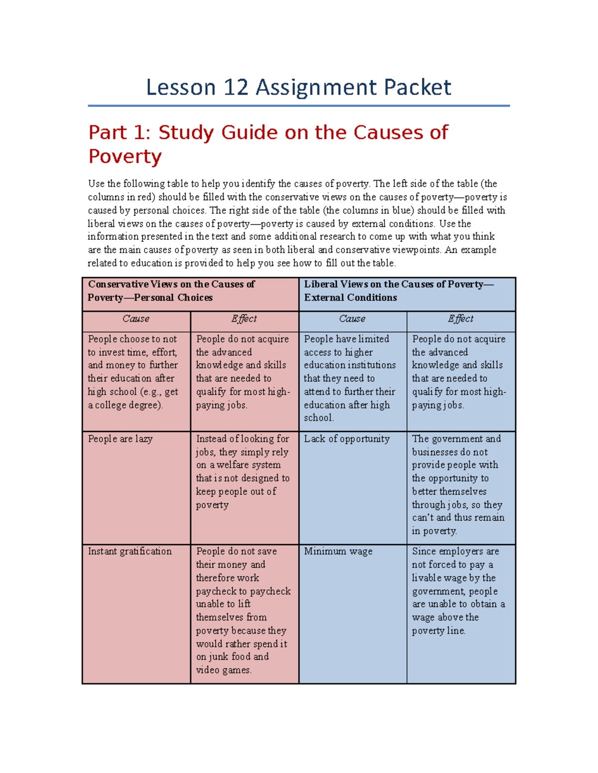 Lesson 12 Assignment Packet - Lesson 12 Assignment Packet Part 1: Study Guide on the Causes of ...