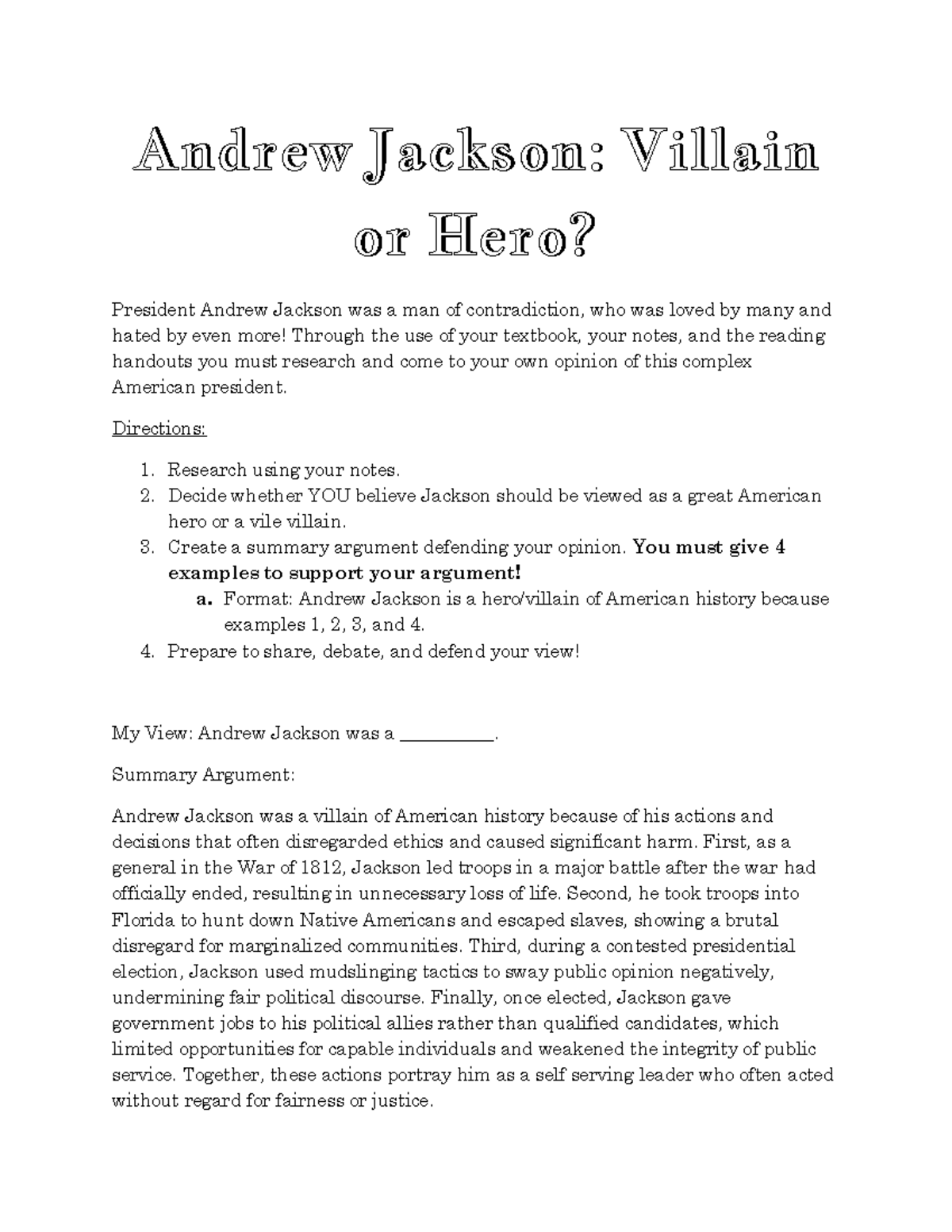Untitled document - Very Useful. - Andrew Jackson: Villain or Hero ...