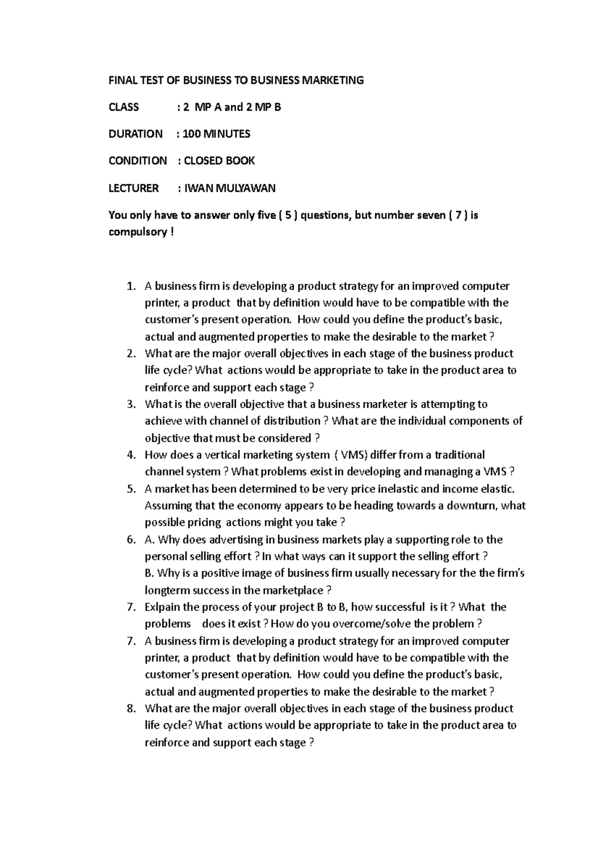 Business TO Business Martketing - FINAL TEST OF BUSINESS TO BUSINESS ...