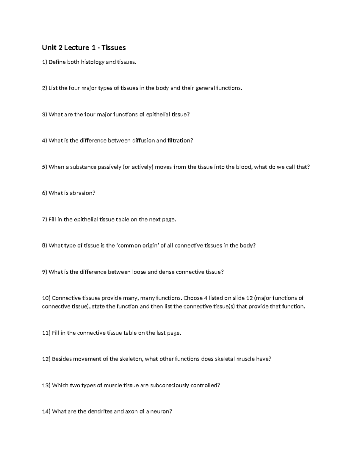 L1 - Tissues - these are the notes - Unit 2 Lecture 1 - Tissues 1 ...