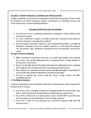 PDF - Cloud Computing Unit – 1 UNIT I: Systems modeling, Clustering and virtualization: Scalable ...