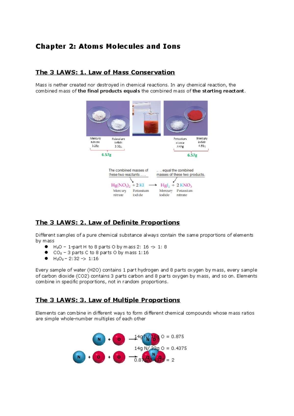 Chemistry note 1 - Summary - Chapter 2: Atoms Molecules and Ions The 3 ...