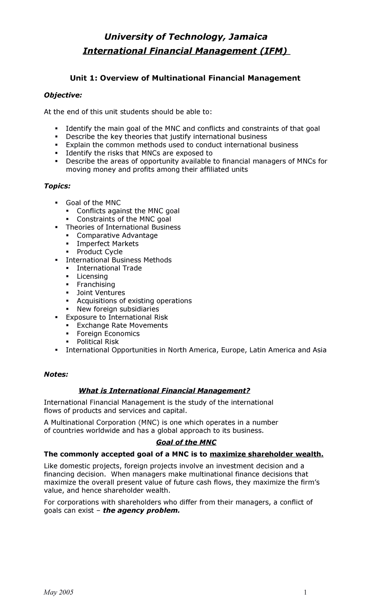 IFM Unit 1 Overview Student Notes - University of Technology, Jamaica ...