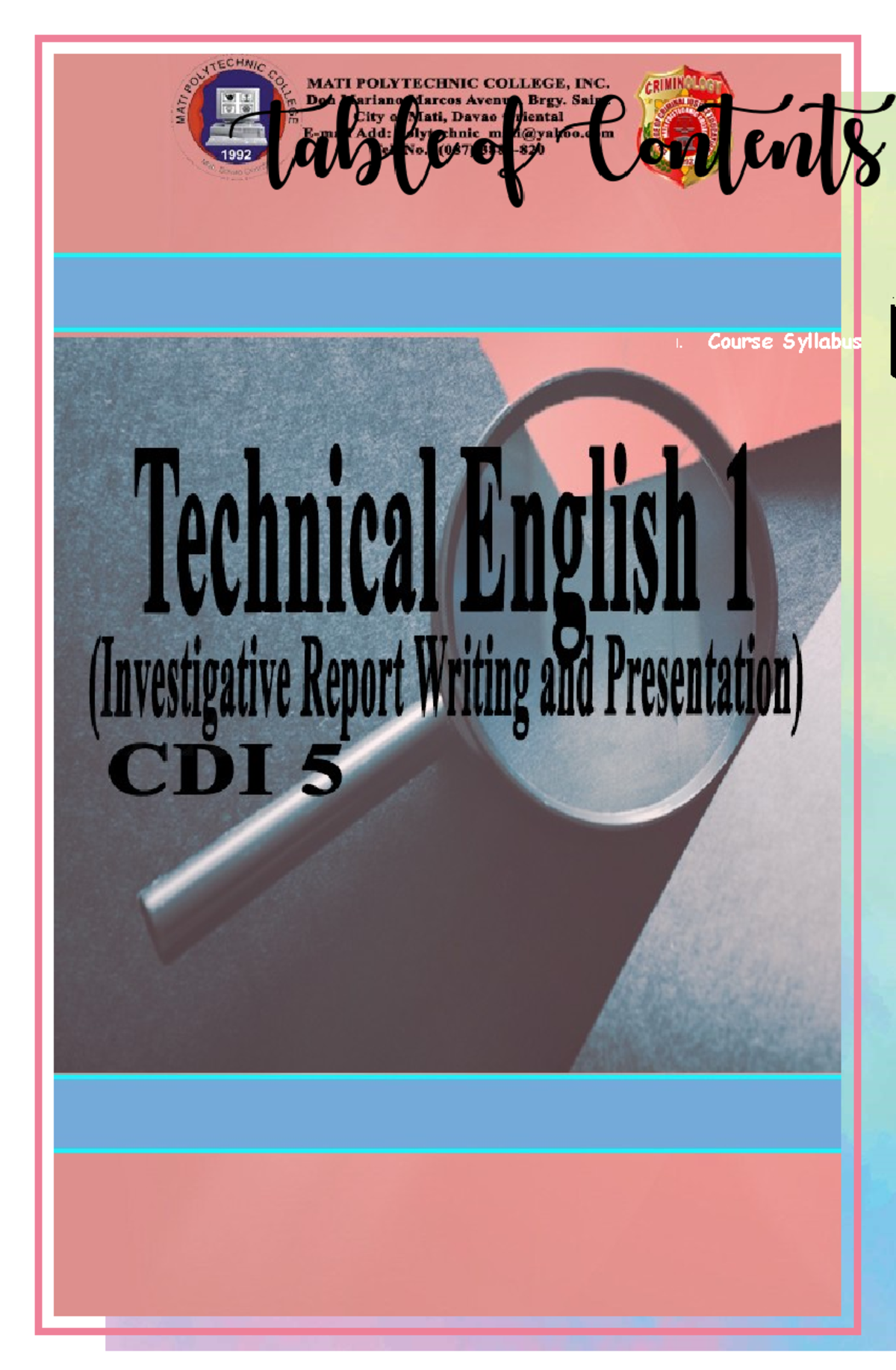 CDI 5 course packs - criminology - I. Course Syllabus Technical English ...