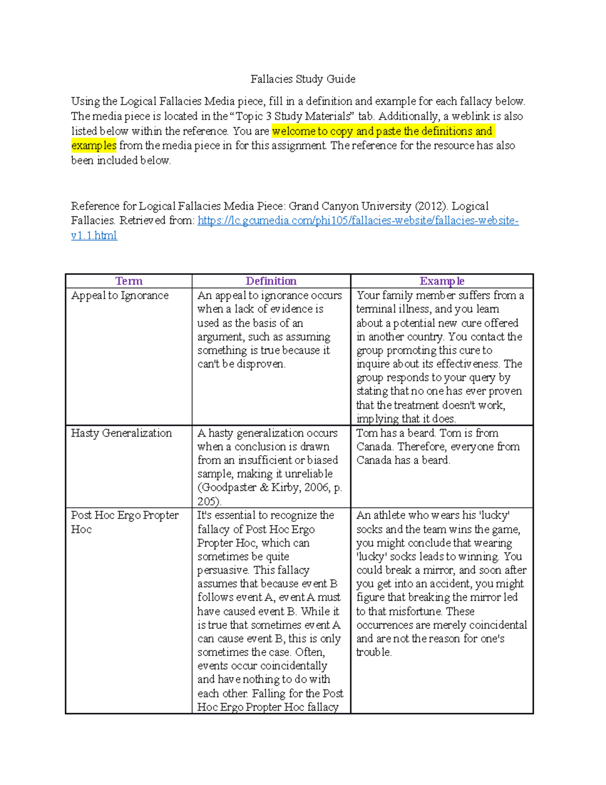 PHI-105 Fallacy Study Guide-v1 - Fallacies Study Guide Using the ...