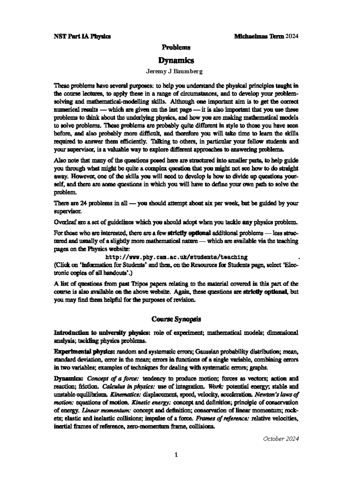 Problems 24 - dynamics problem sheets - Jeremy J Baumberg ####### 2024 ...