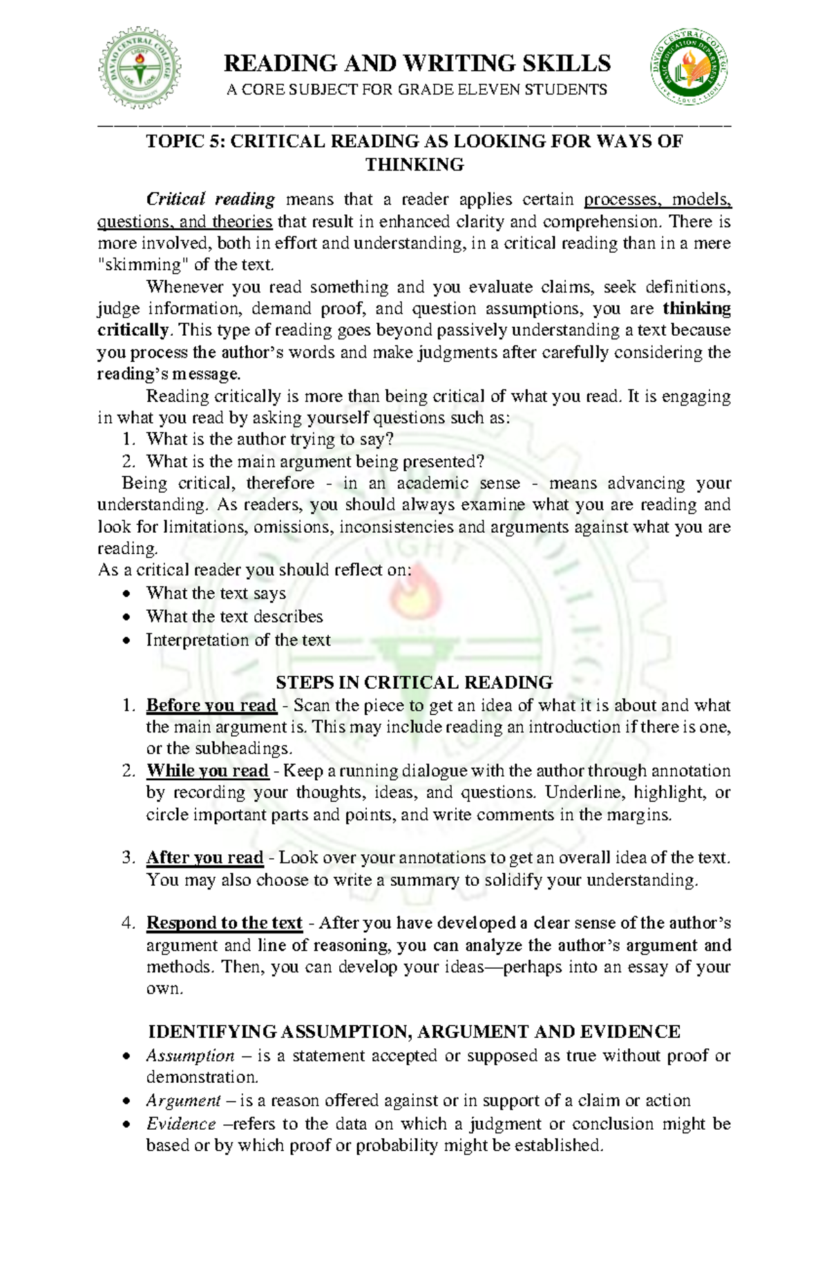 Topic-5 Critical- Reading-AS- Looking-FOR-WAYS-OF- Thinking - READING ...