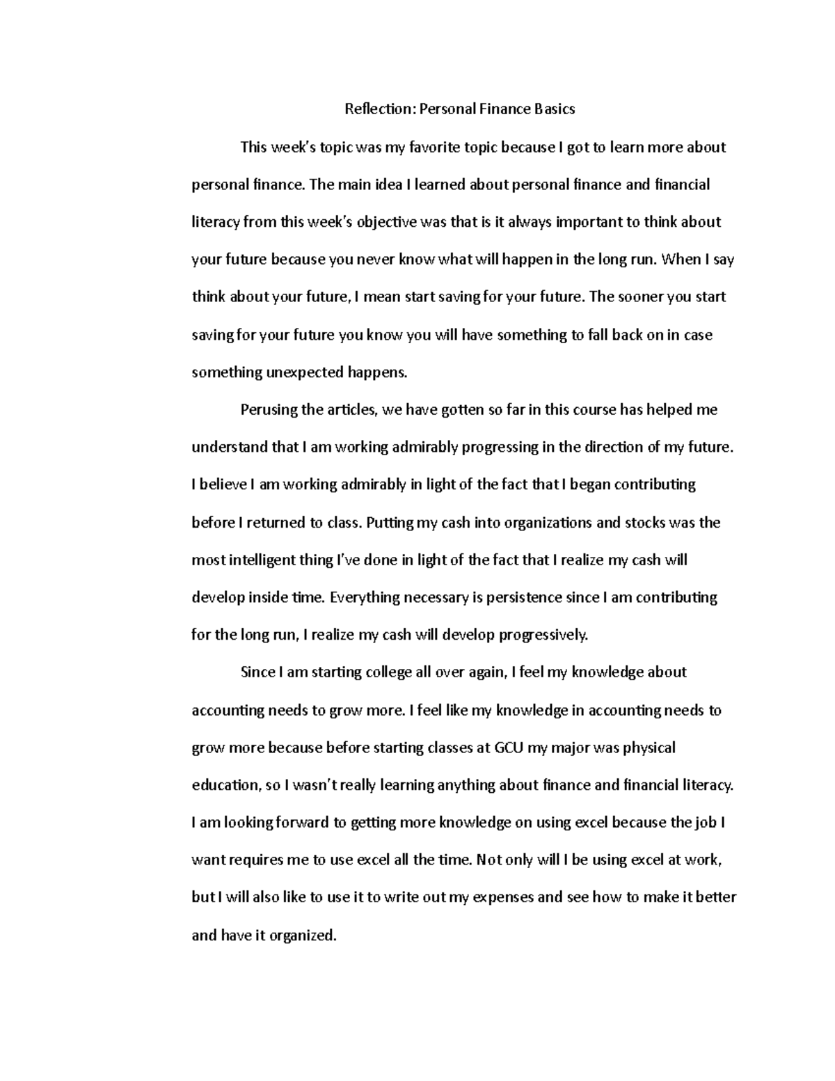 Reflection week 6 - Reflection: Personal Finance Basics This week’s ...