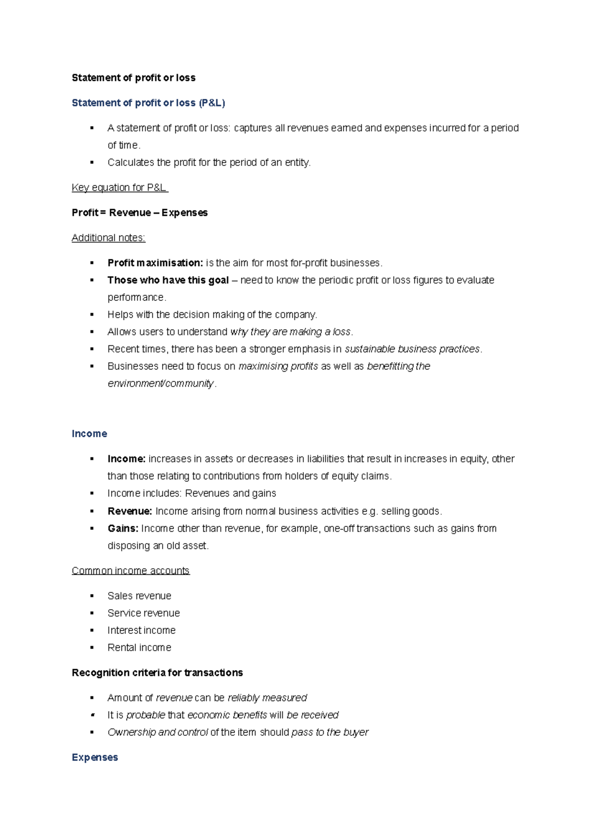 PNL - Statement of profit or loss Statement of profit or loss (P&L) A ...