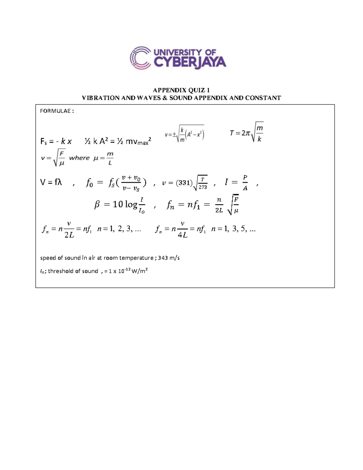 Appendix Quiz 1 Physics 2 March 2024 Appendix Quiz 1 Vibration And