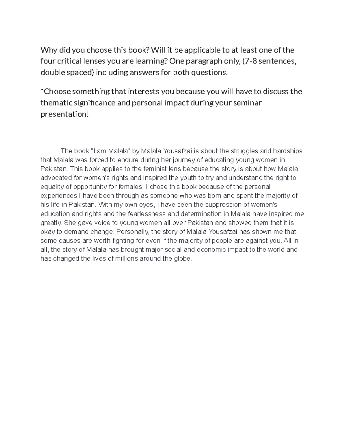 "I am malala" - Why did you choose this book? Will it be applicable to ...