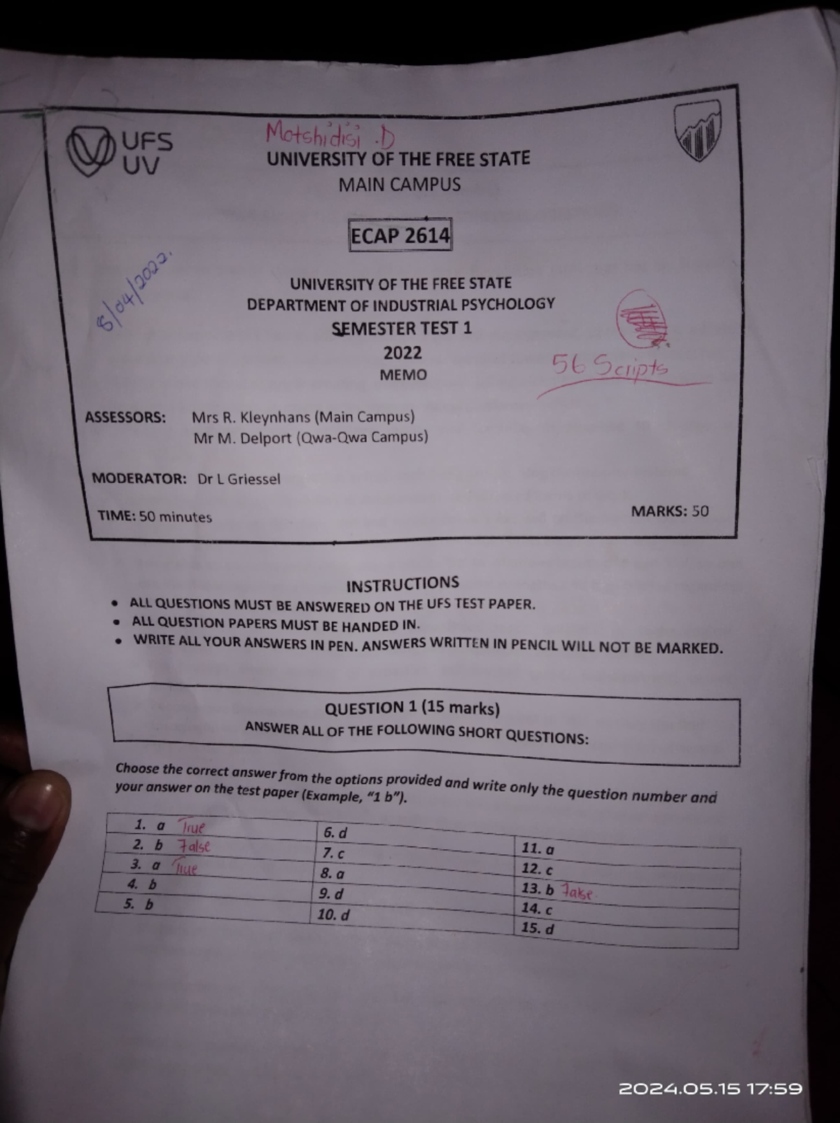 ECAP 2614 semester test 1 Memo - UFS UV ASSESSORS: TIME: 50 minutes ...