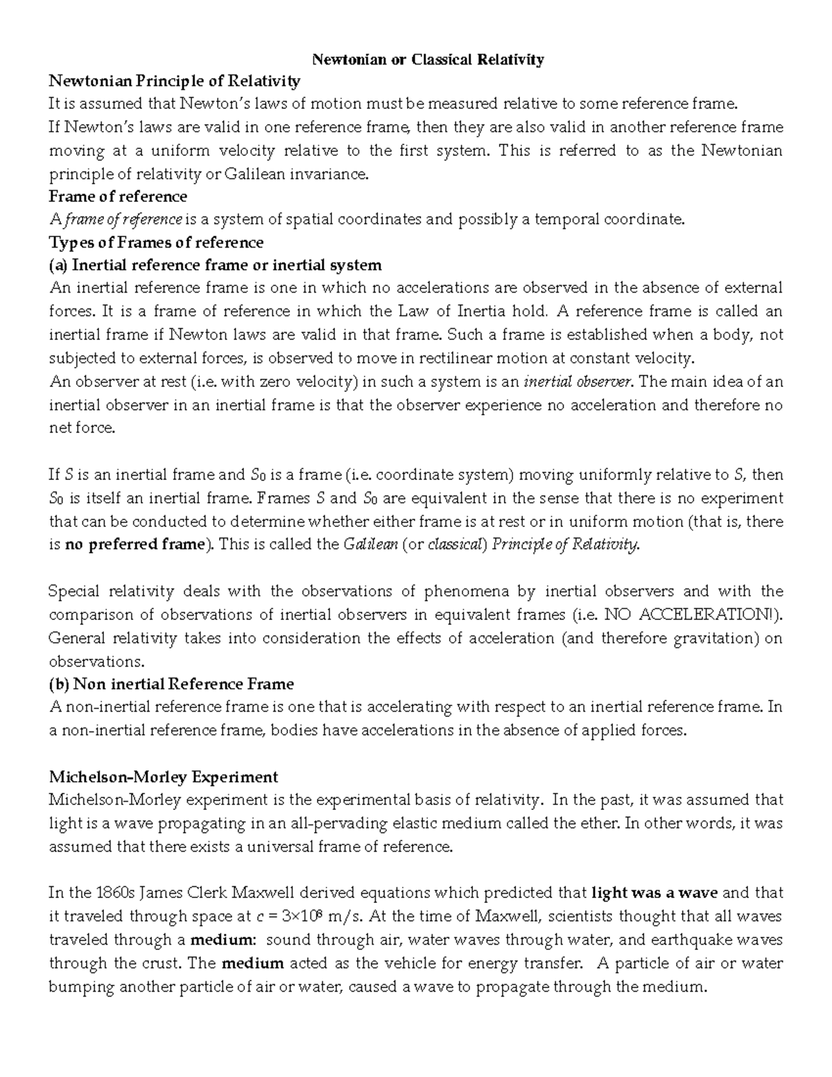 PHYS 221 Relativity notes - Newtonian or Classical Relativity Newtonian ...