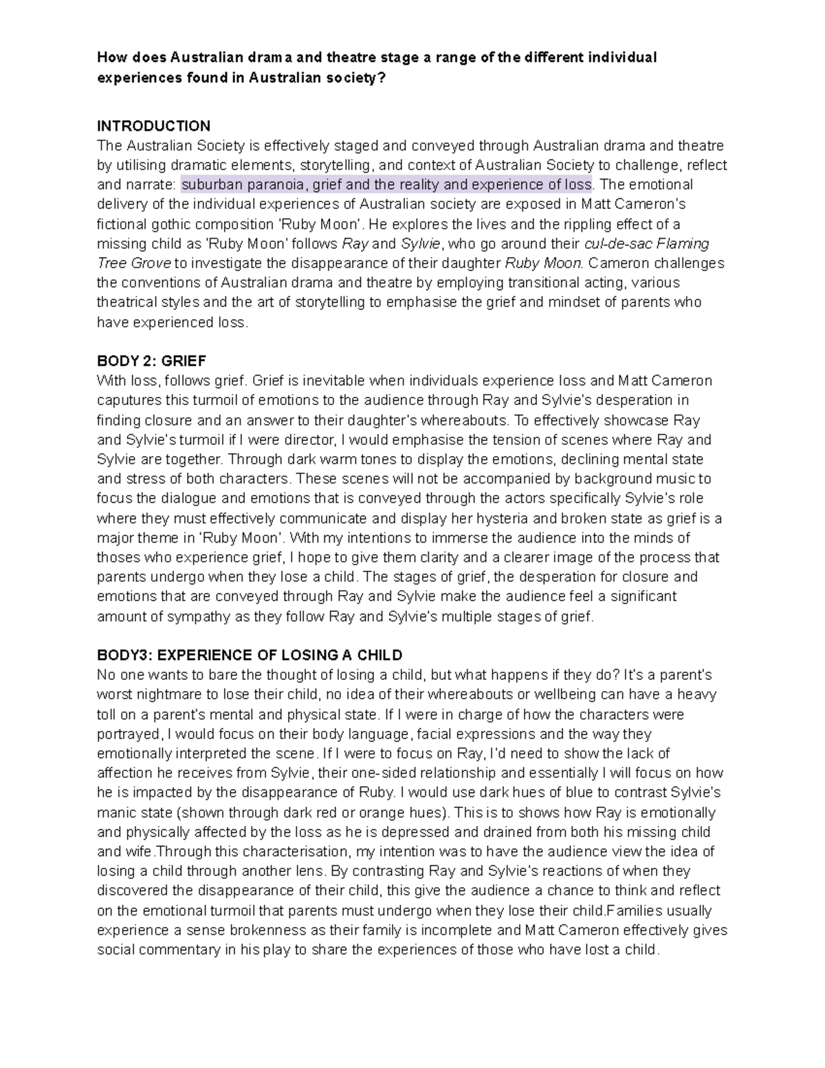 RUBY MOON - Drama Essay - How does Australian drama and theatre stage a range of the different ...