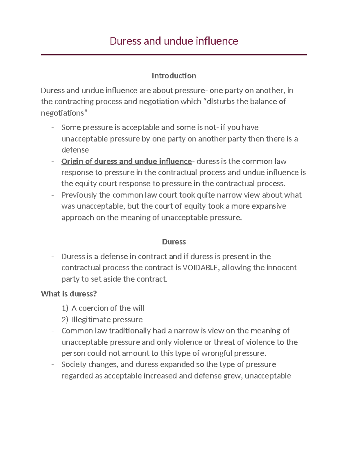 Duress and undue influence notes - Duress and undue influence ...