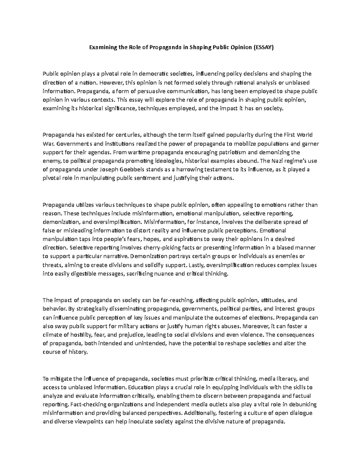 Examining the Role of Propaganda in Shaping Public Opinion (Essay ...