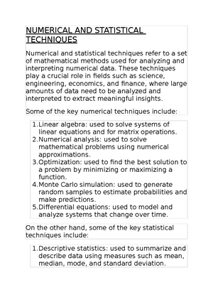 Numerical AND Statistical Techniques - Calculation of measures such as mean, median, mode, - Studocu