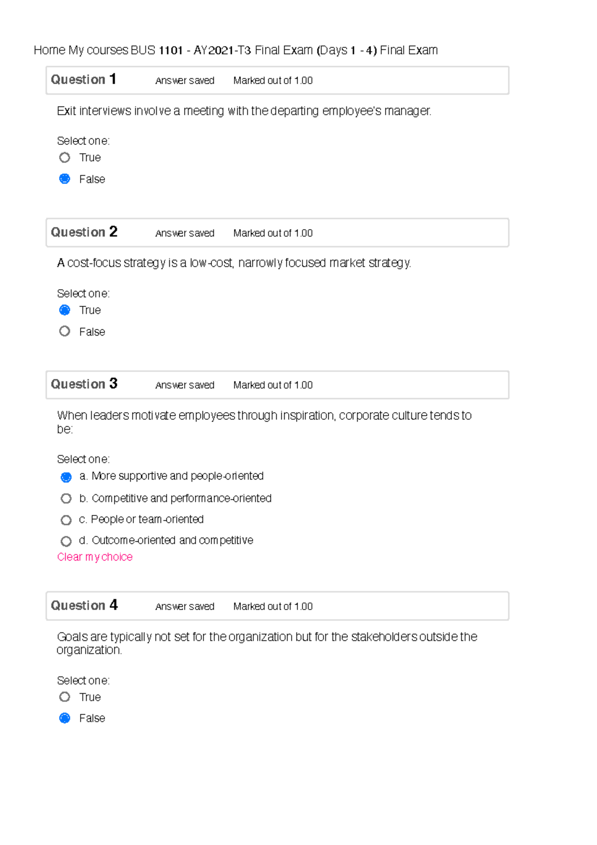 Final Exam (page 1 of 4) - Question 1 Answer saved Marked out of 1 ...