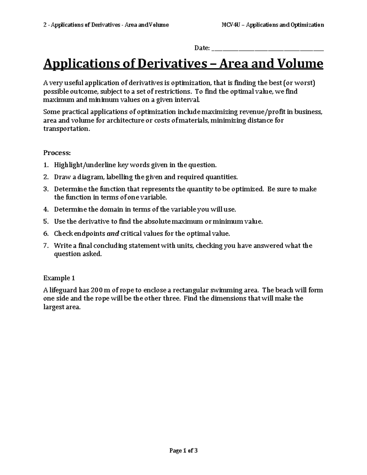 02 - Applications of Derivatives - Area and Volume - To find the ...