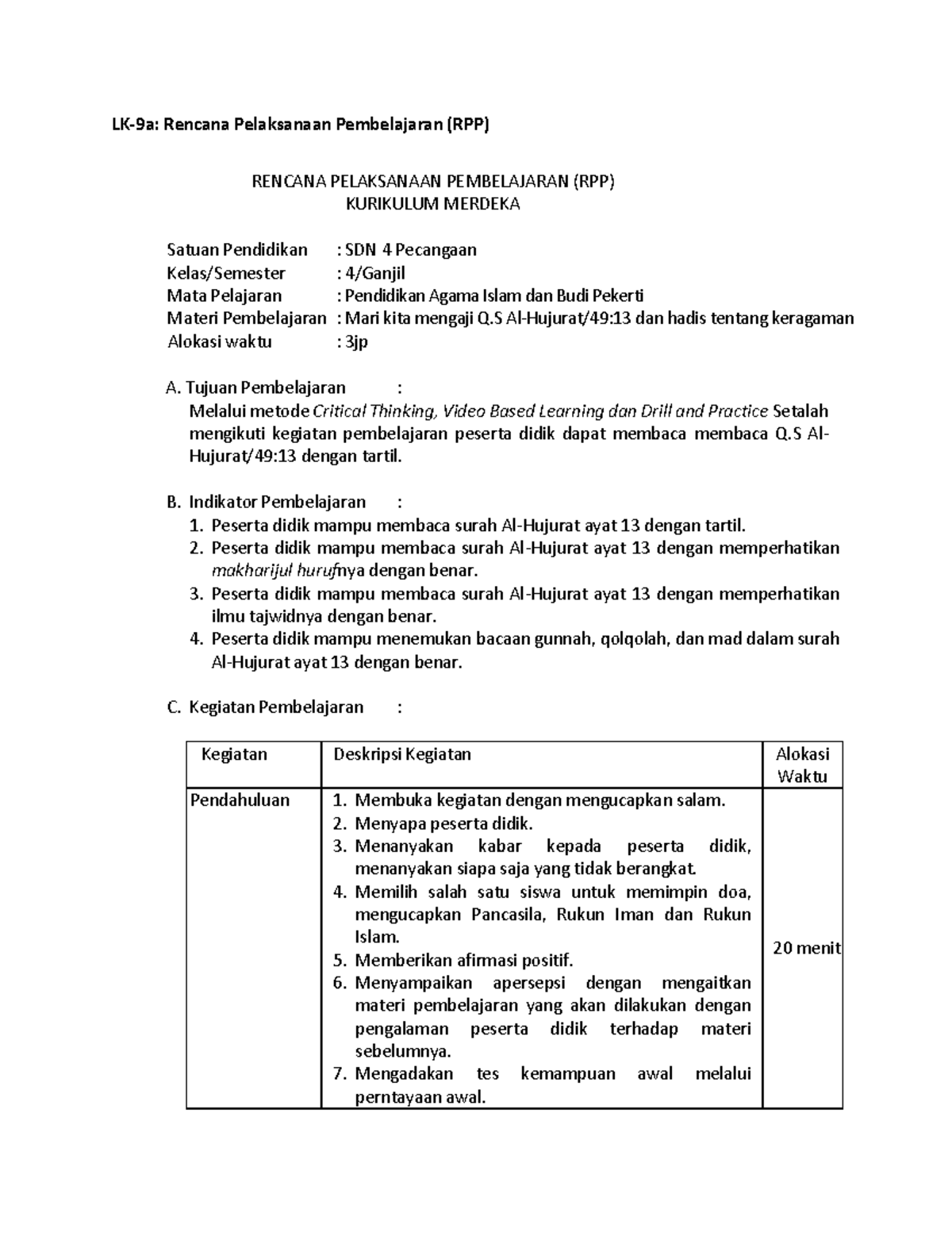 Lk 9a 9b Tugas Ppg Lk 9a Rencana Pelaksanaan Pembelajaran Rpp