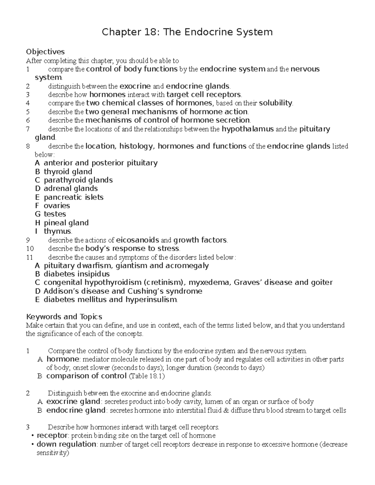 Bio chap 18 notes - Chapter 18: The Endocrine System Objectives After ...