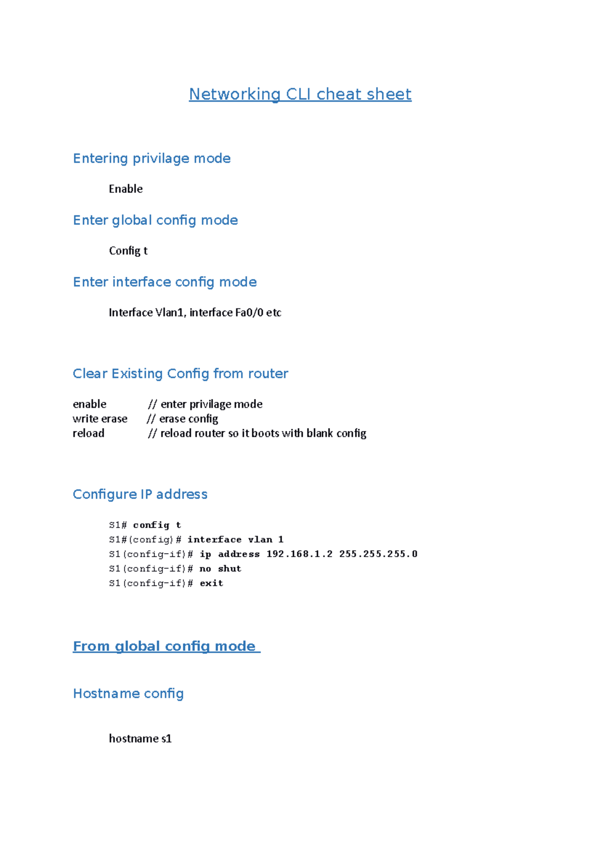 Networking CLI cheat sheet - 168.1 255.255.255 no shut exit From global ...
