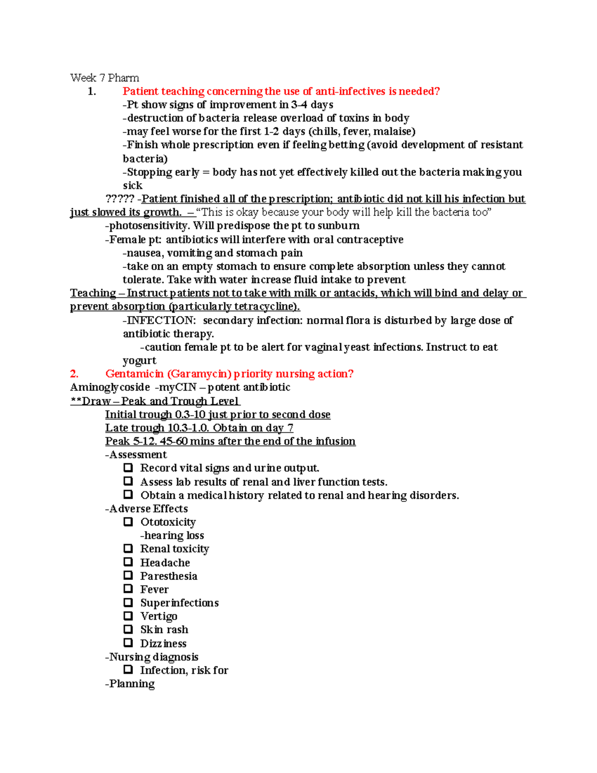 WEEK 7 Pharmacology Study Guide/Lecture Notes - Week 7 Pharm 1. Patient ...
