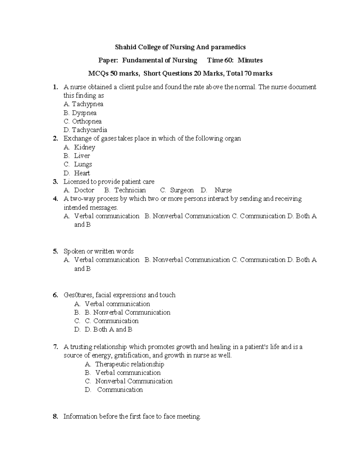 BSc N FON paper - very easy - Shahid College of Nursing And paramedics ...