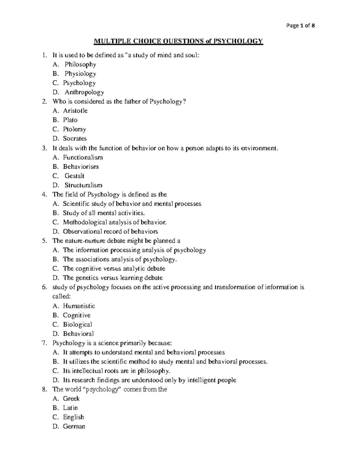 Exam, questions - Page 1 of 8 MULTIPLE CHOICE QUESTIONS of PSYCHOLOGY 1 ...