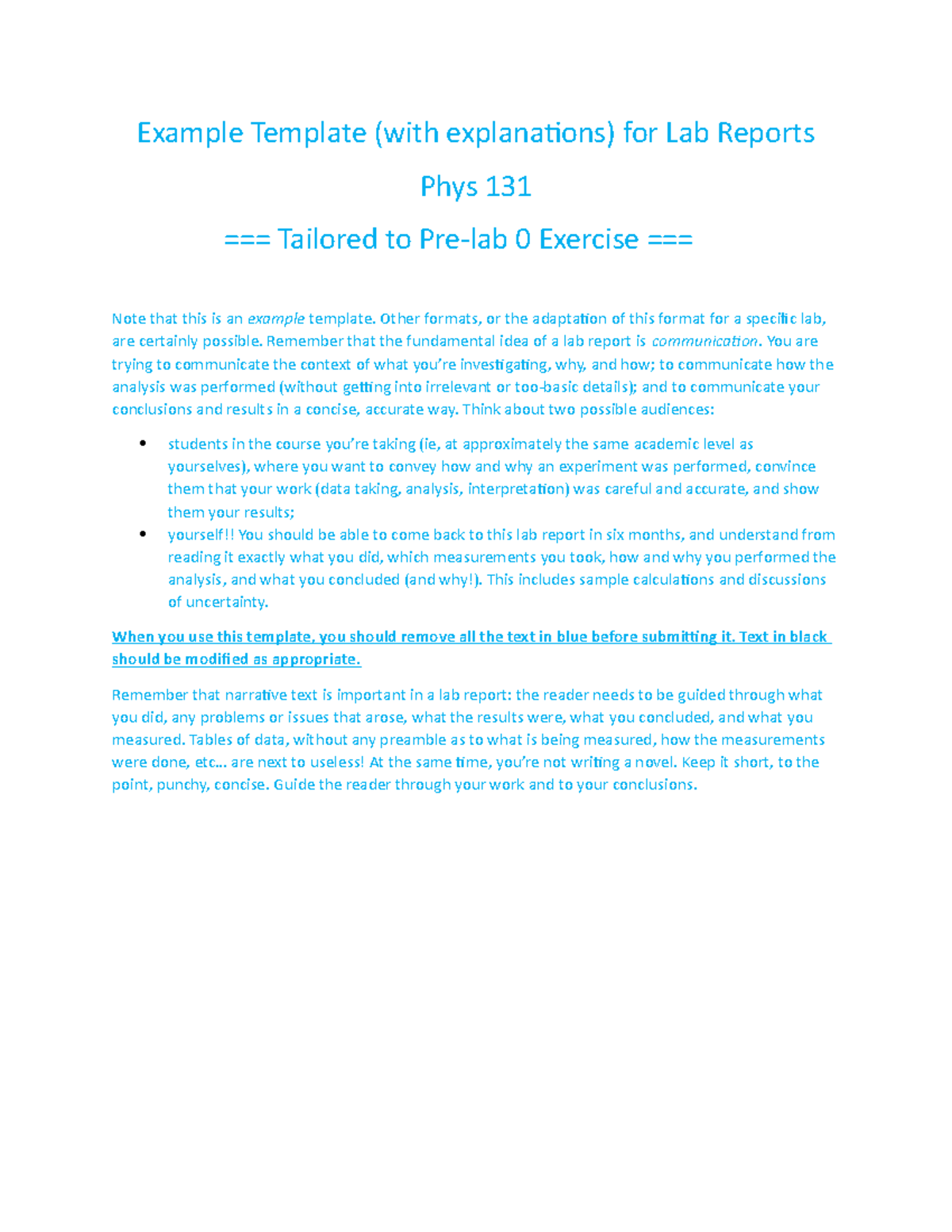 Lab Template - Pre-lab 0 - Example Template (with explanations) for Lab Reports Phys 131 ...