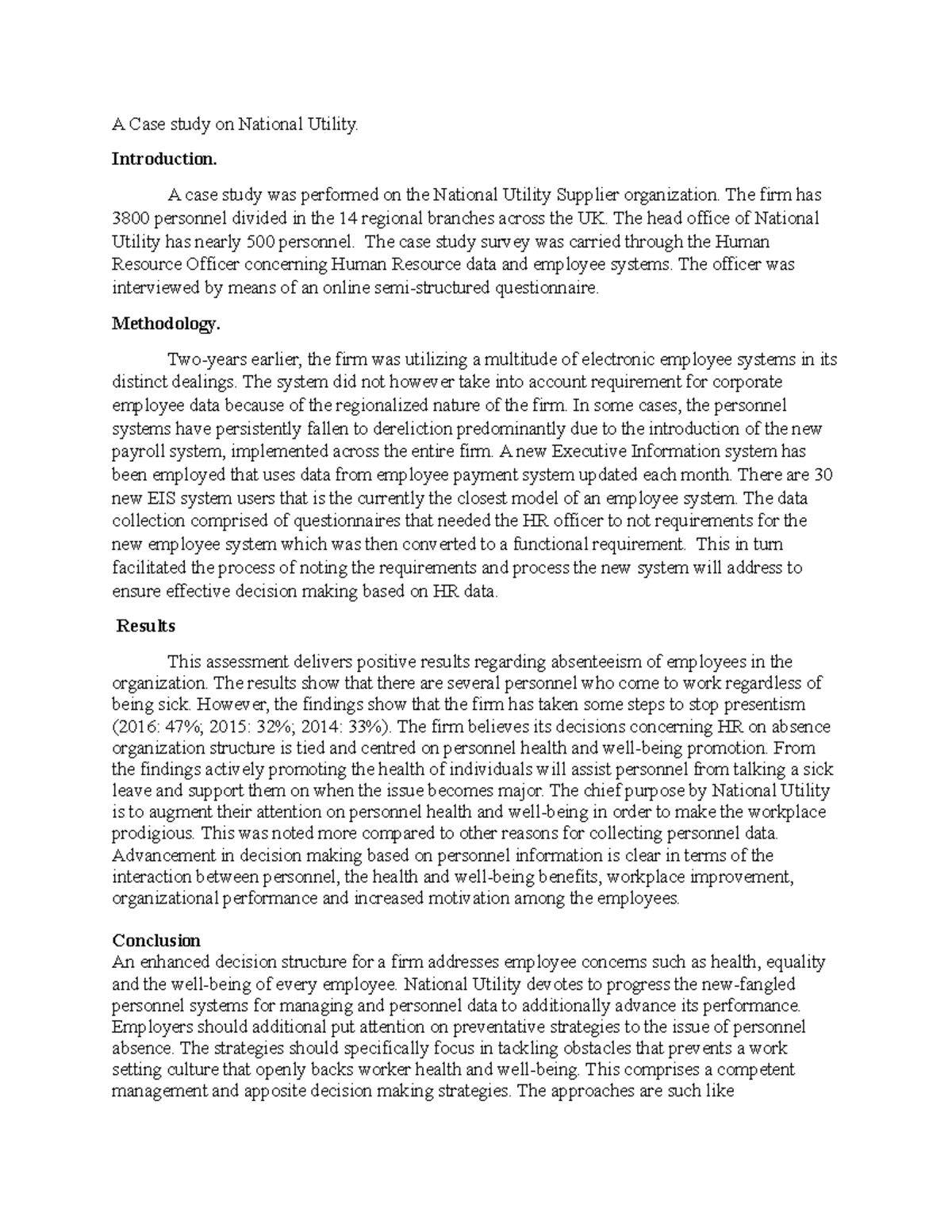 A Case study on National Utility. - Introduction. A case study was ...