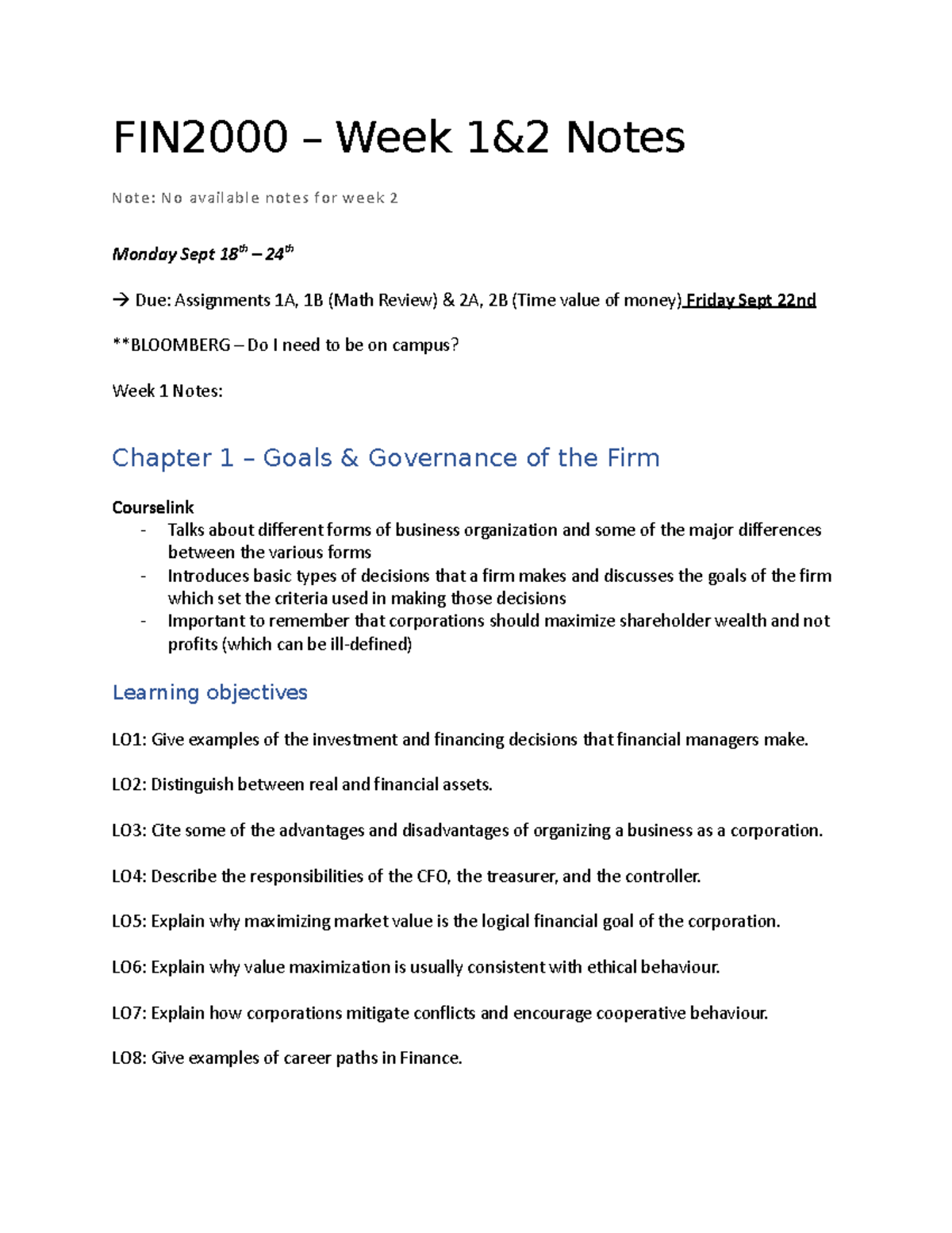 Chapter 1 & 2 - FIN2000 – Week 1&2 Notes Note: No available notes for ...
