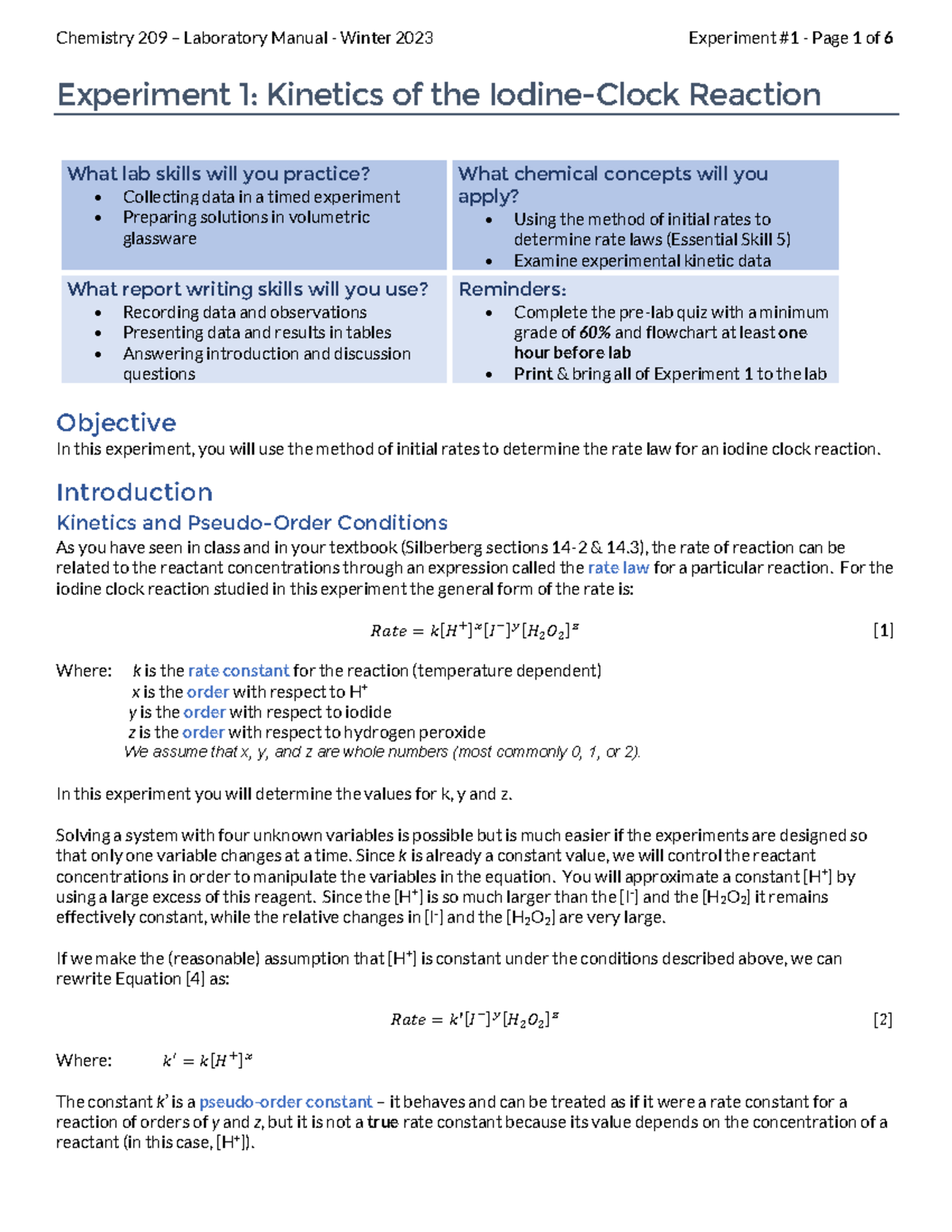 CHEM 209 Experiment 1 procedure W2023 - Experiment 1: Kinetics of the ...