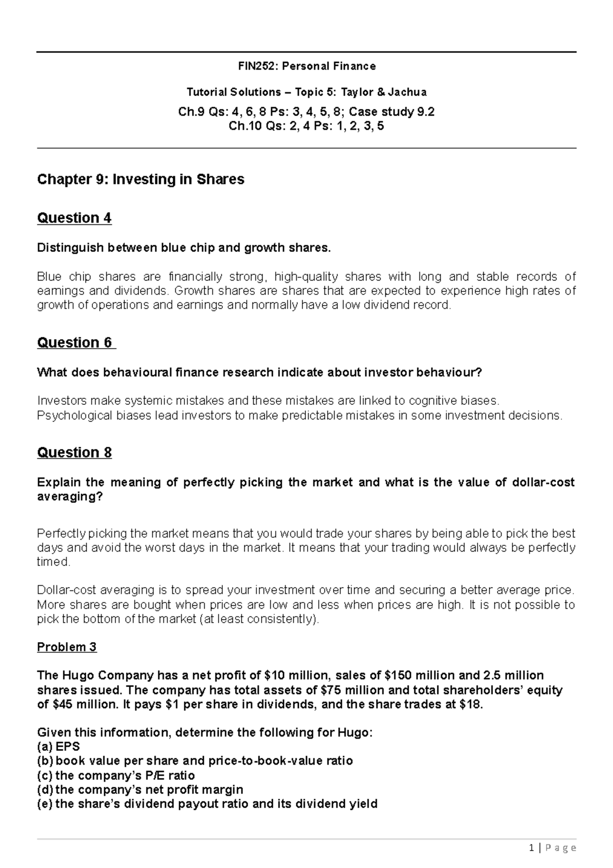 Topic 5 Ch 9- Investing in Shares - FIN252: Personal Finance Tutorial ...