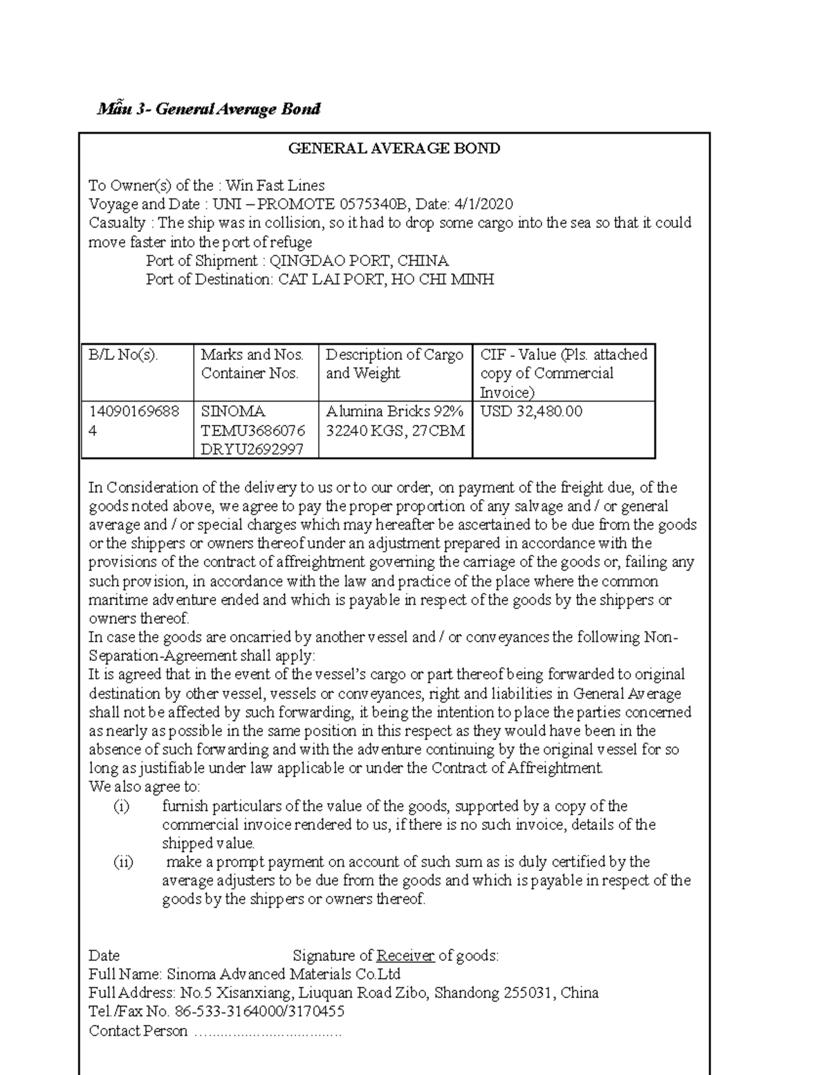 GA-bond - Mẫu 3- General Average Bond GENERAL AVERAGE BOND To Owner(s ...
