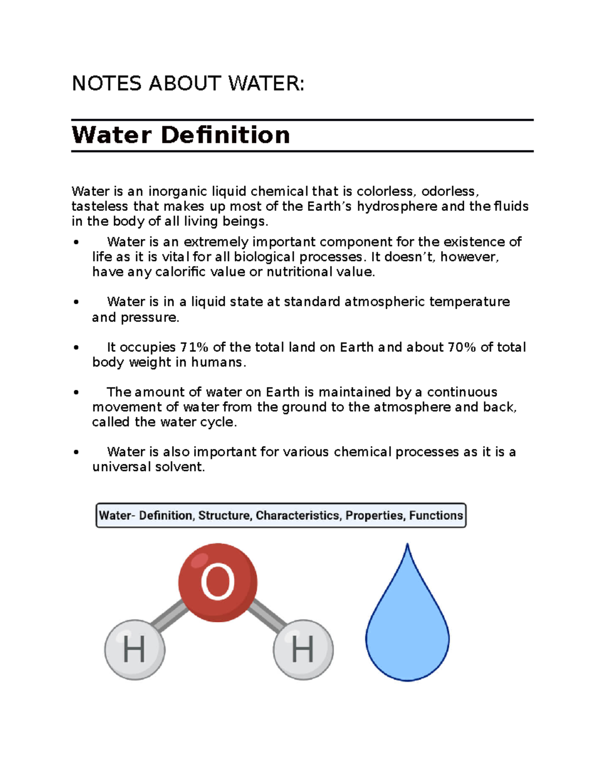 Water note - Lecture notes 8 - NOTES ABOUT WATER: Water Definition ...