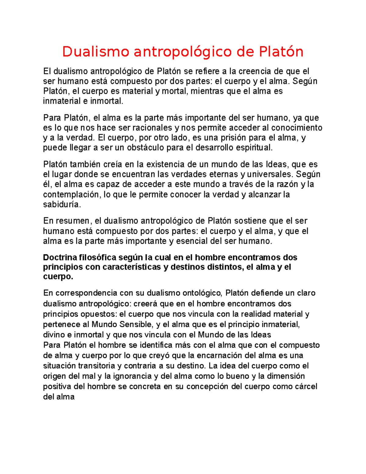 Dualismo antropológico de Platón - Dualismo antropológico de Platón El ...