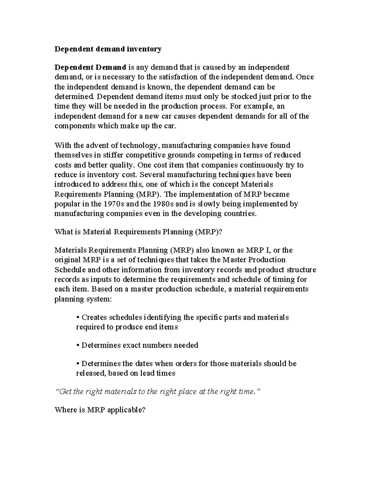 Dependent Demand Inventory Dependent Demand Inventory Dependent Demand Is Any Demand That Is