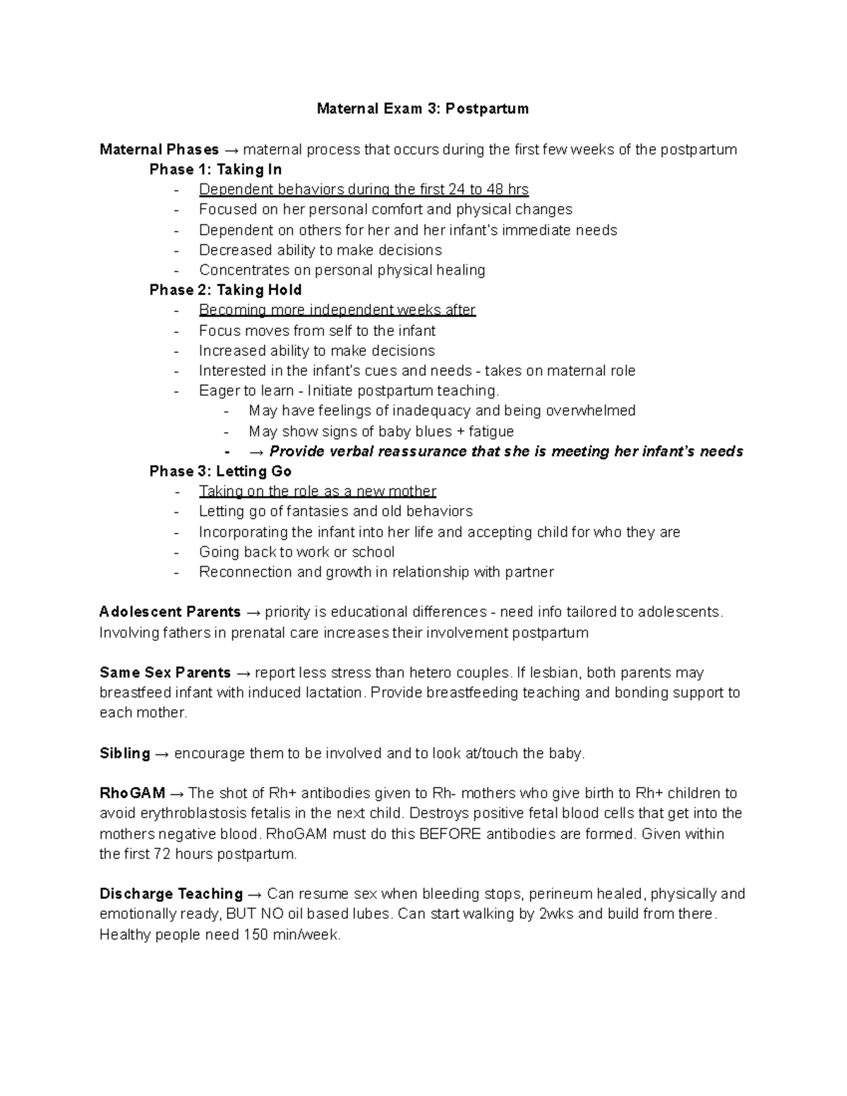 Maternal Exam 3 Notes - Maternal Exam 3: Postpartum Maternal Phases → ...