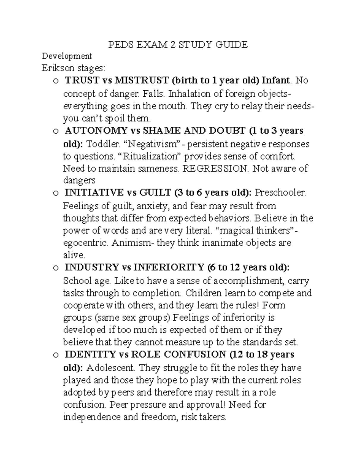 Peds Exam 2 ⭐️ - Exam 2 - PEDS EXAM 2 STUDY GUIDE Development Erikson ...