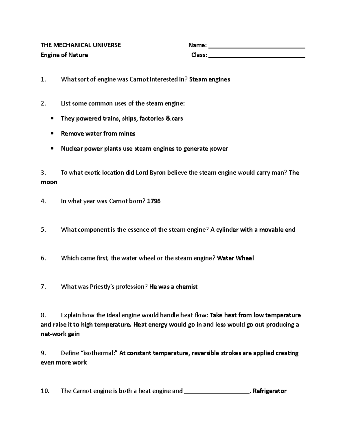 46. Engine of Nature - short video worksheets - THE MECHANICAL UNIVERSE ...
