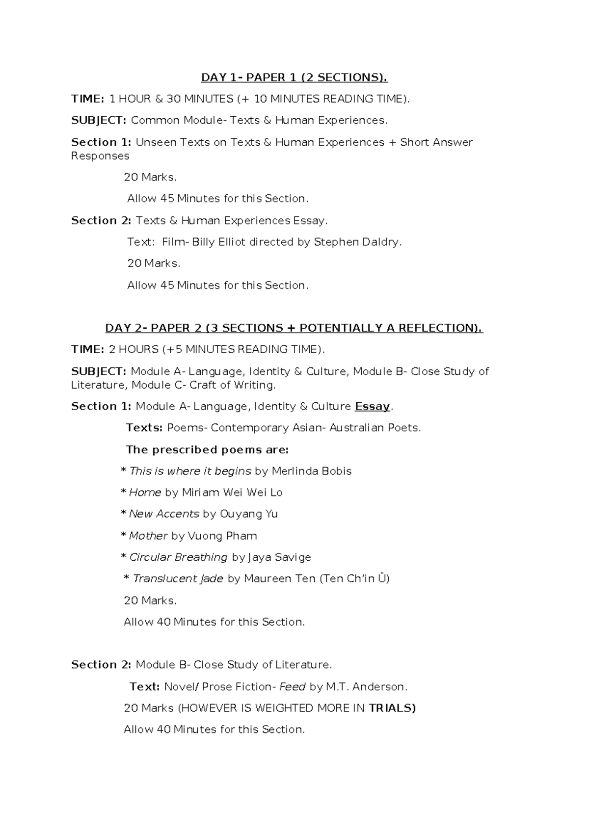 HSC- Breakdown of Papers - DAY 1- PAPER 1 (2 SECTIONS). TIME: 1 HOUR ...