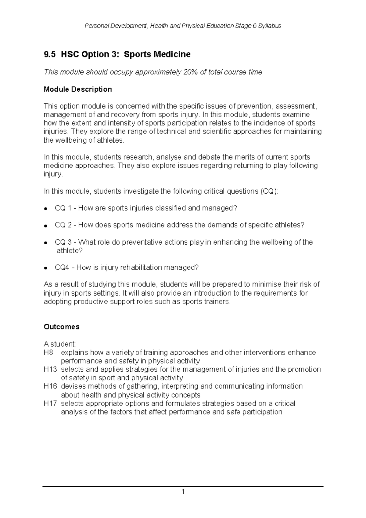 HSC Option 1 - Sports Medicine Syllabus - 9 HSC Option 3: Sports ...