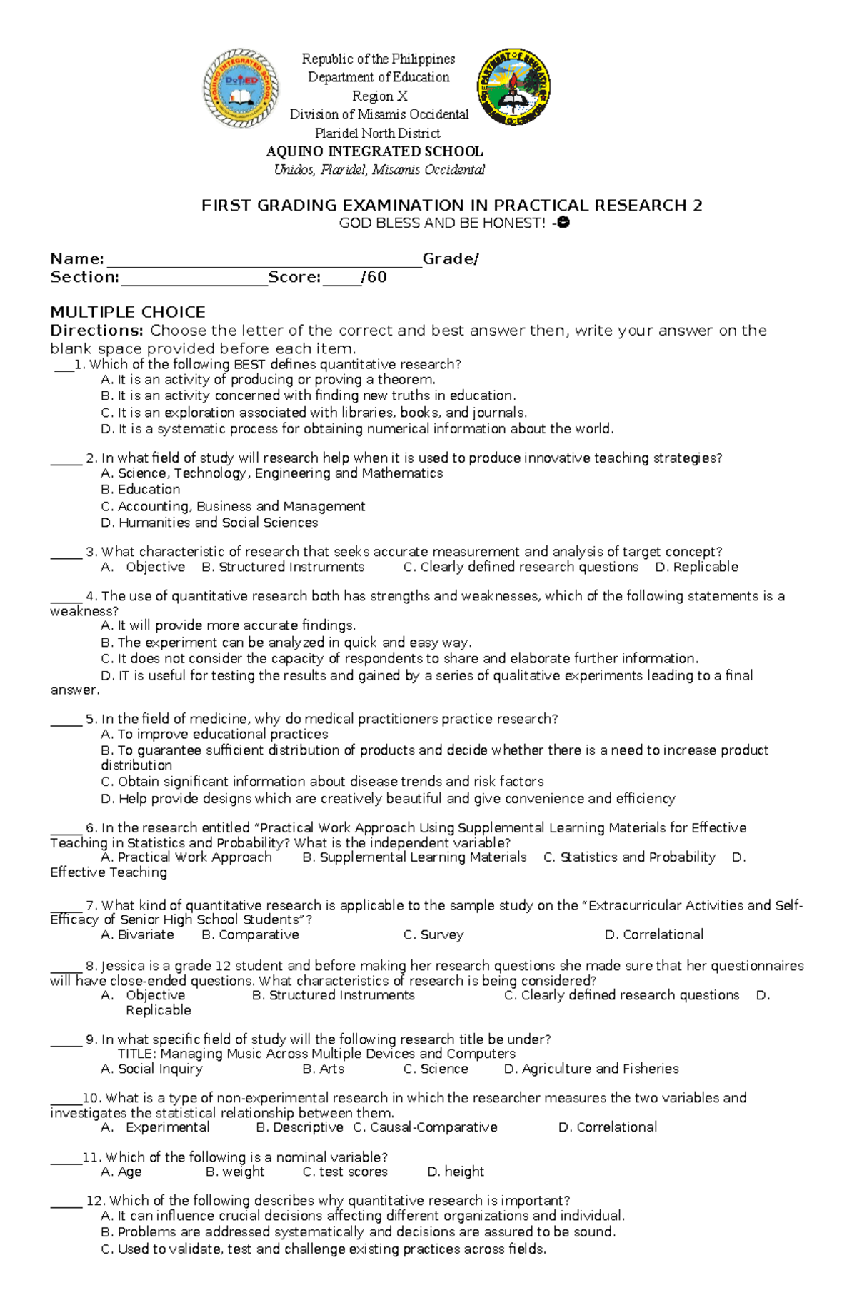 Practical Research 2 1ST Quarter EXAM - Republic of the Philippines ...